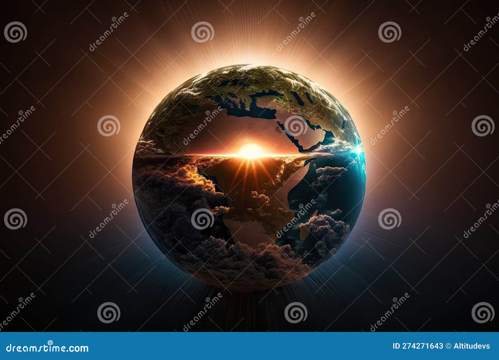 A Rising Sun Illuminating a Globe, with Rays of Light Shining through ...