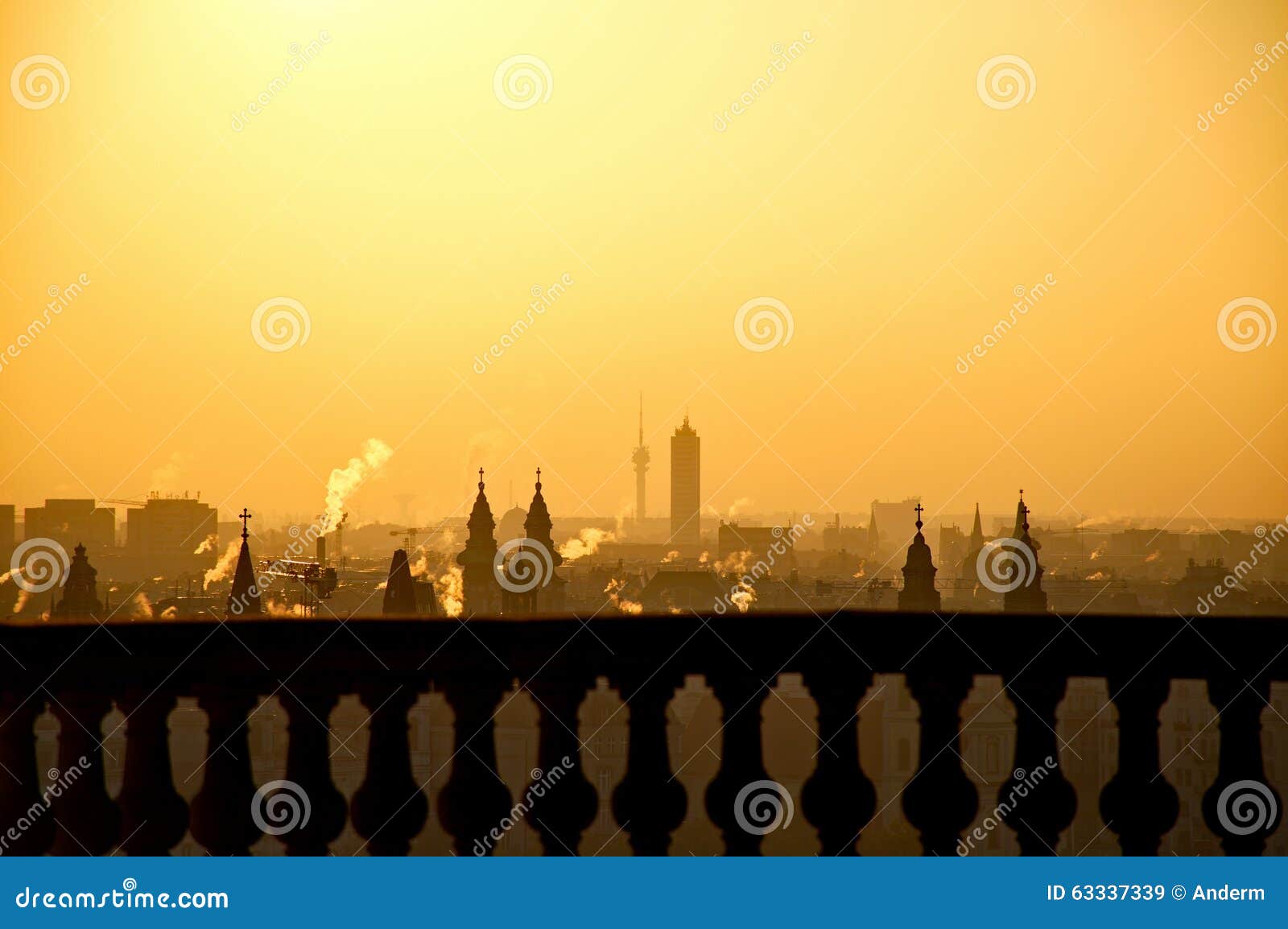 Rising sun over the city stock image. Image of smoke - 63337339