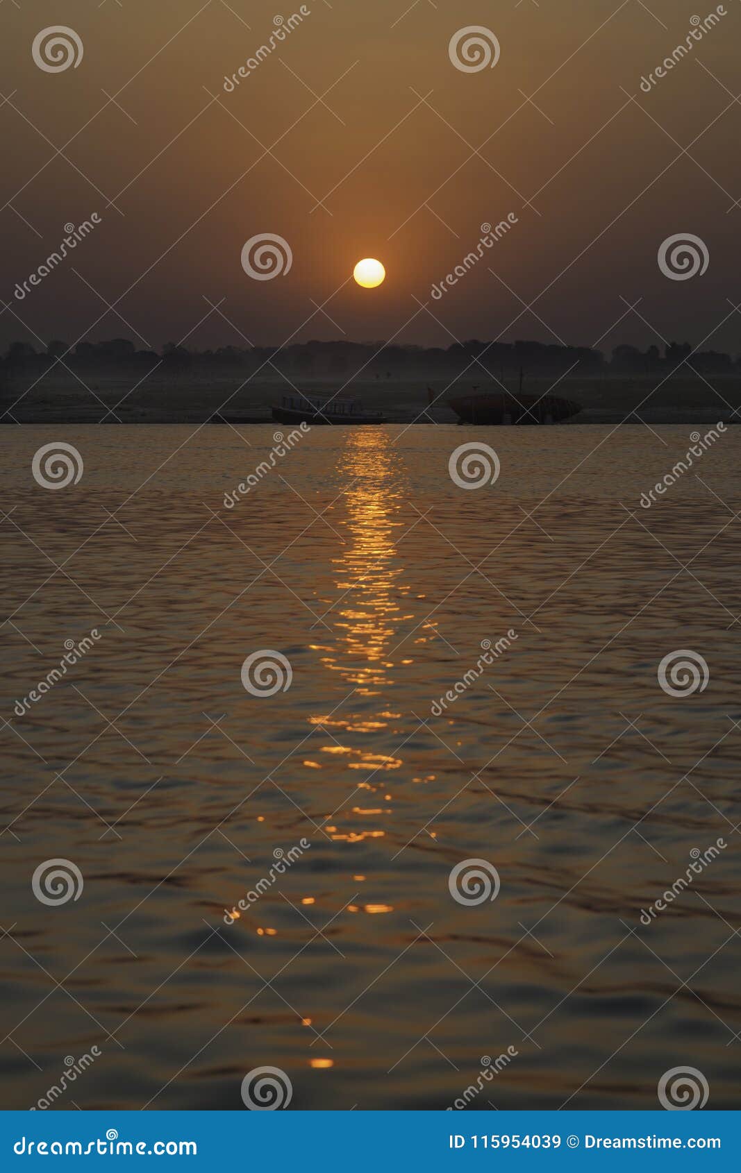 The Rising Sun Over the River Ganges Stock Image - Image of calm ...