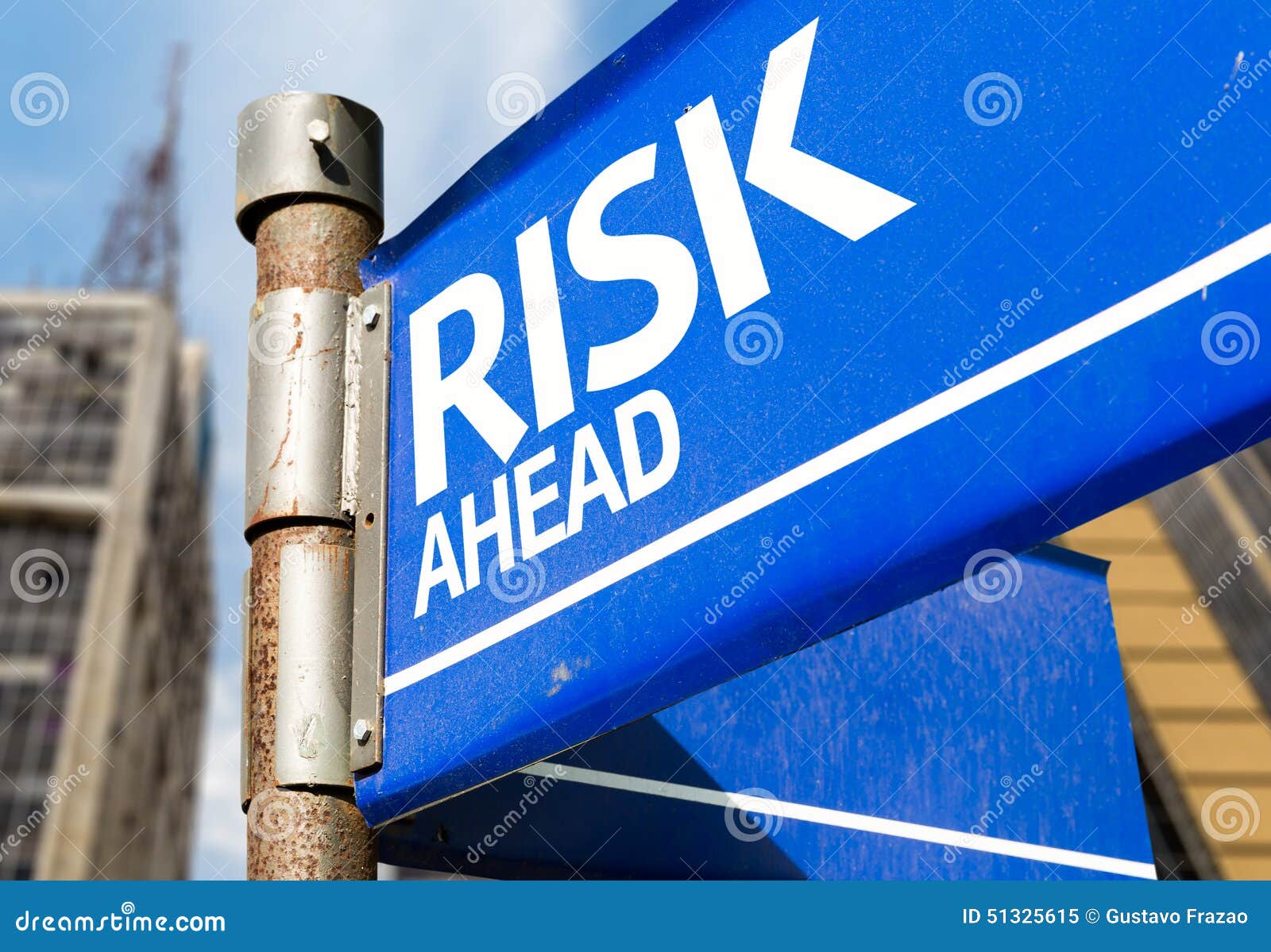 Risk Ahead blue road sign stock image. Image of downtown - 51325615