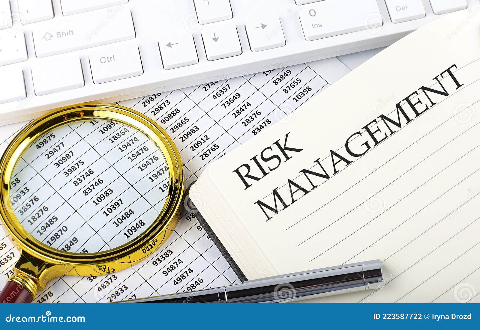 RISK MANAGEMENT Text on the Notebook with Chart, Magnifier,keyboard and ...