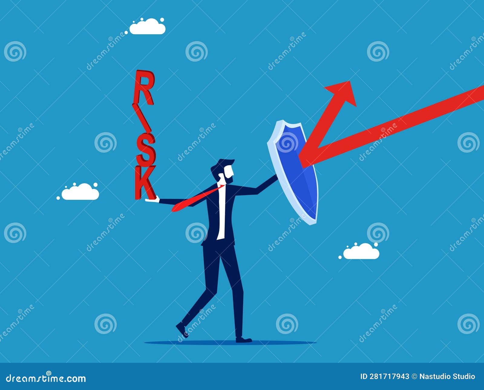 Risk Protection. Businessman with Shield Hedging Against Arrow Attack ...