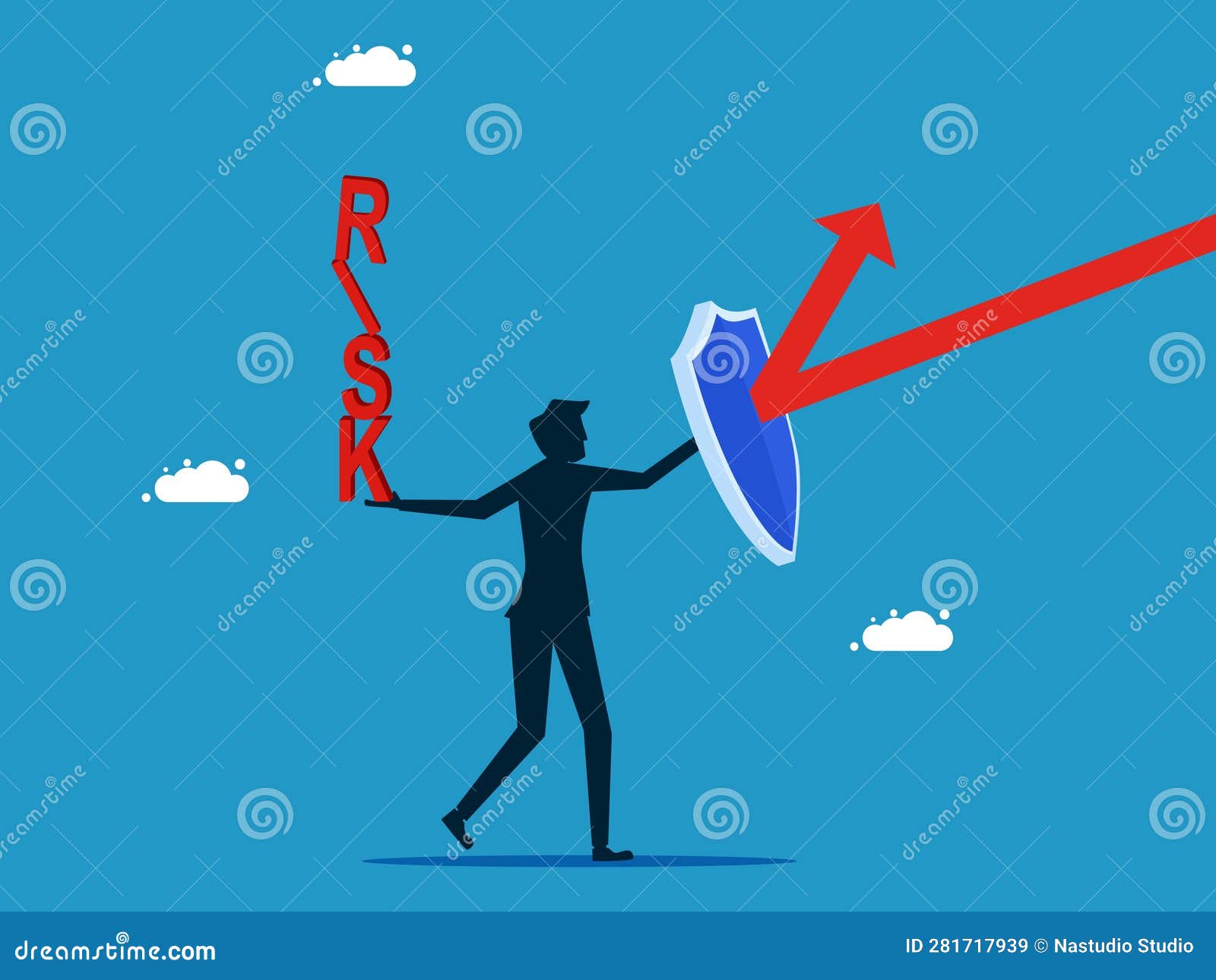 Risk Protection. Man with Shield Hedging Against Arrow Attack Stock ...