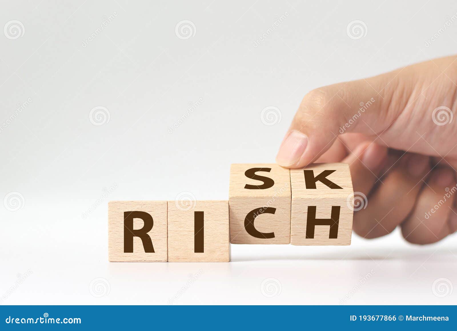 Risk or Rich Concept, Hand Flip Wood Cube Change the Word Stock Photo ...