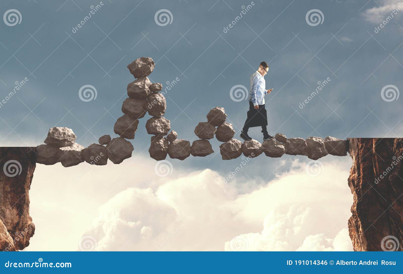 Businessman Walking on a Row of Rocks in Balance between Two Rocks ...