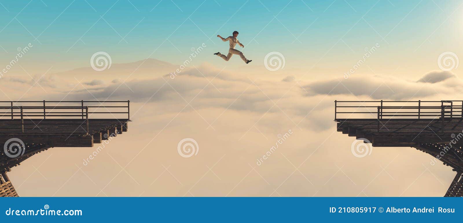 Man Jumps Over Gap of a Bridge at High Altitude Above Clouds . Stock ...
