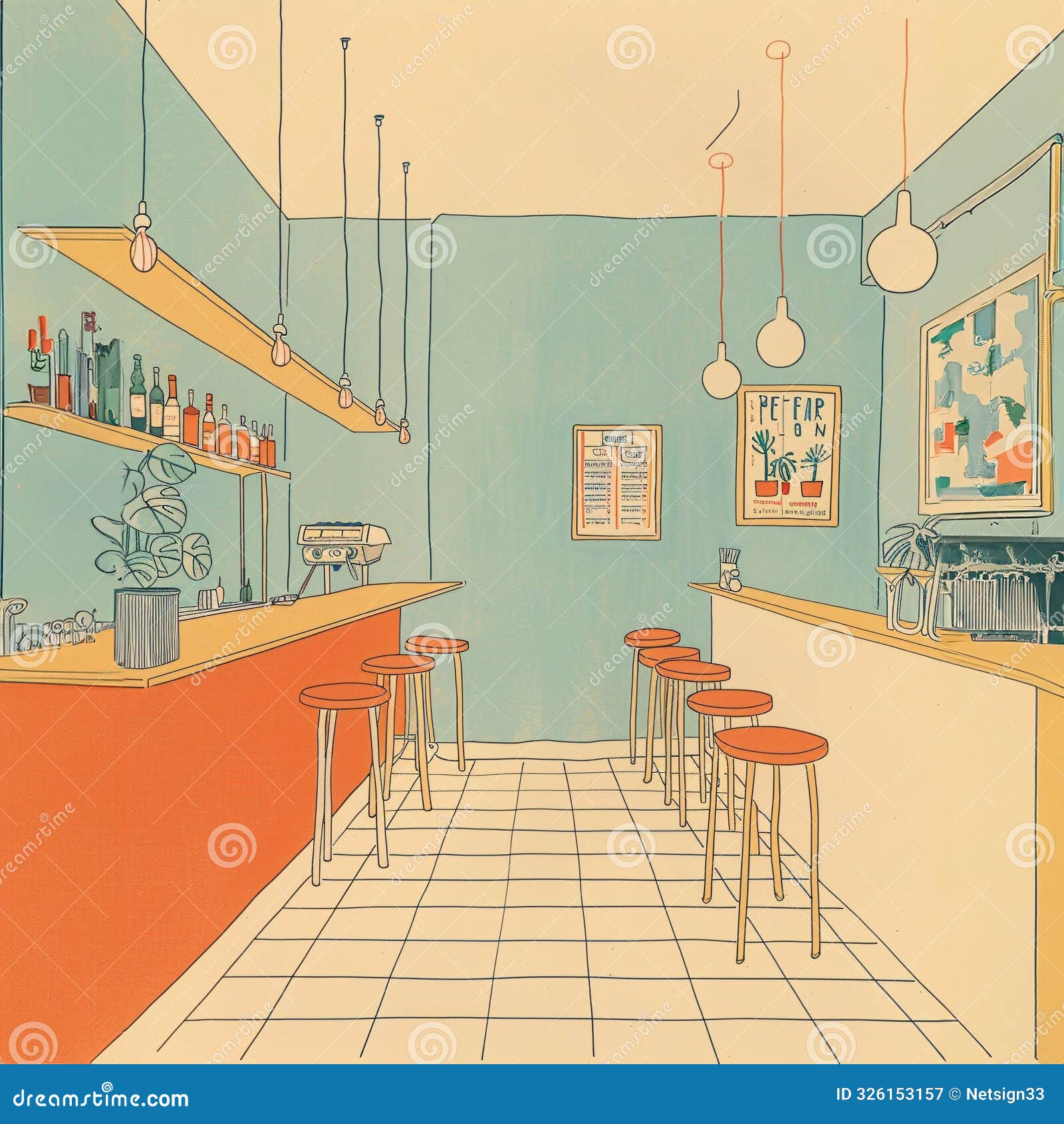 Risograph Print Texture, Empty Italian Bar - a Drawing of a Bar with ...