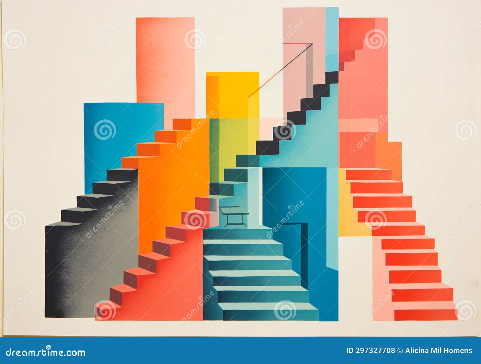 Risograph or Riso Illustration with Staircase Indoors. Geometric Concept Stock Illustration ...