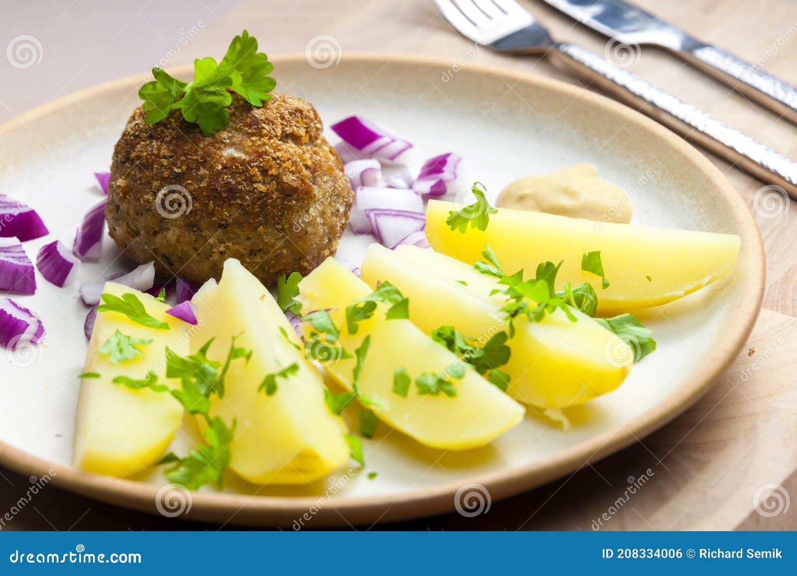 Rissole with Cooked Potatoes Stock Photo - Image of close, plate: 208334006