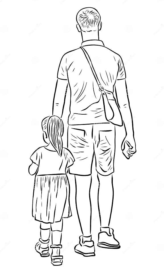 Ritning över Den Unge Fadern Med Hans Lilla Dotter Som Går Tillsammans