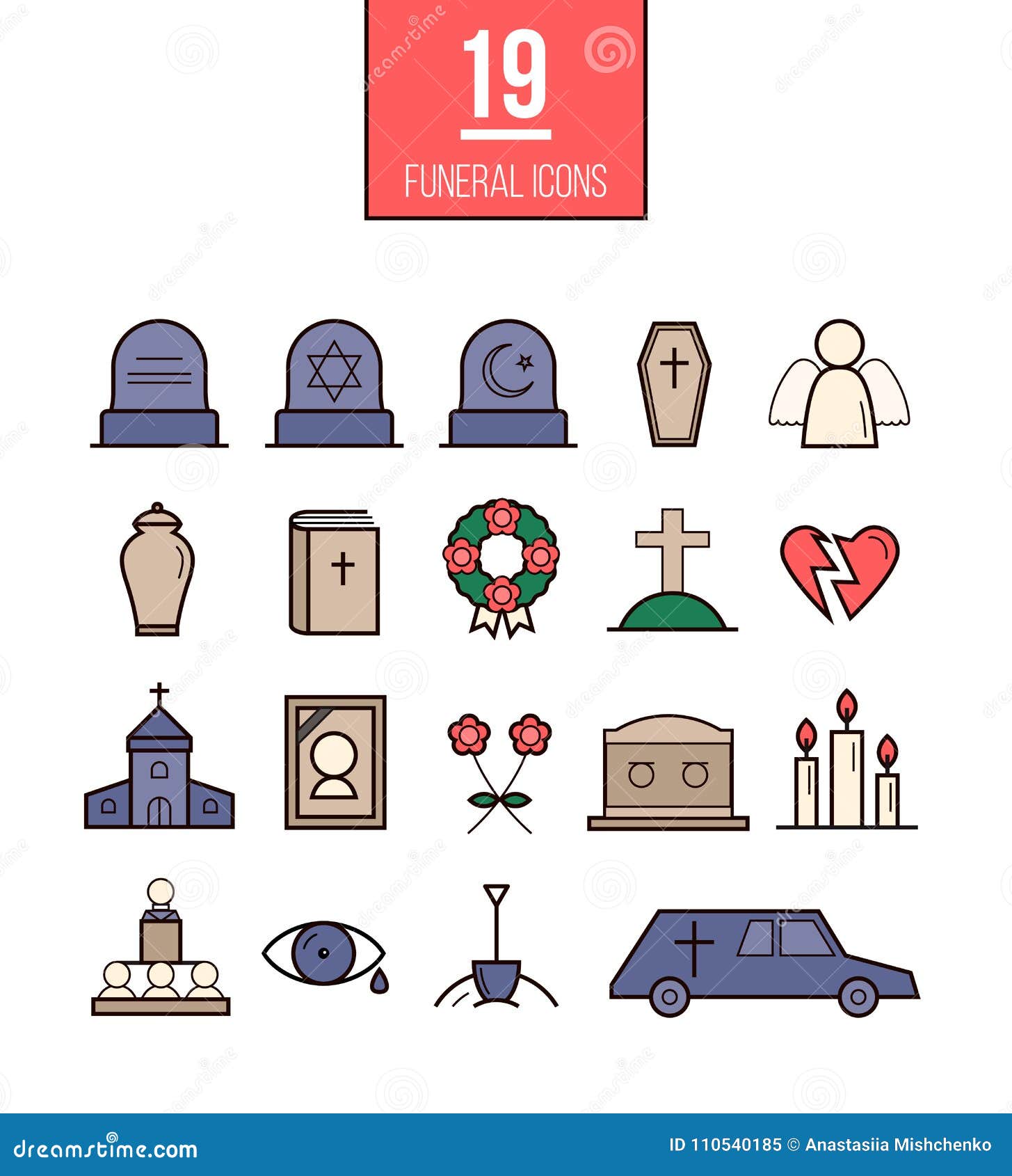 Ritual Line Style Vector Icons. Funeral Objects Stock Vector ...