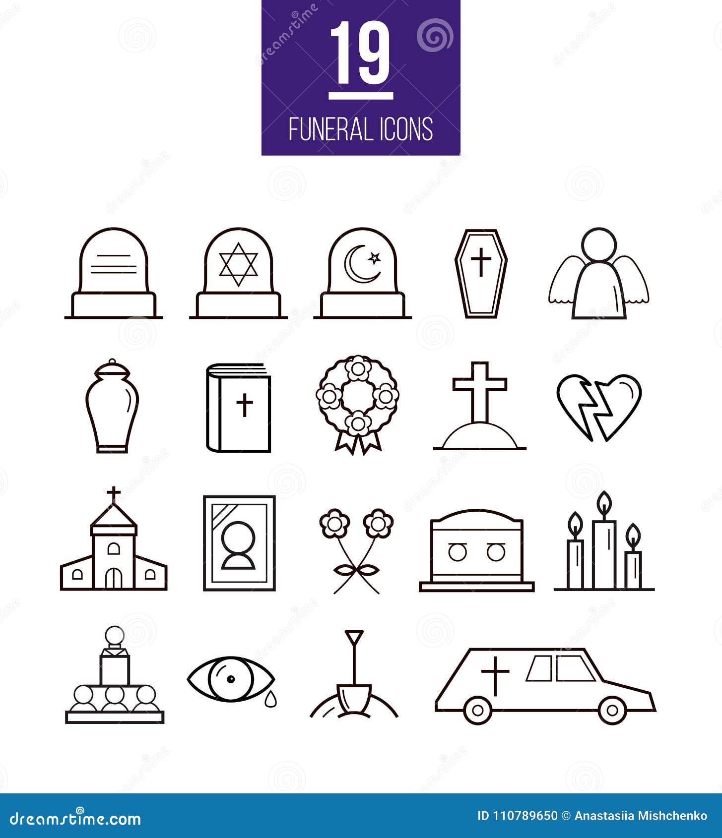 Ritual Line Style Vector Icons. Funeral Objects Stock Vector ...
