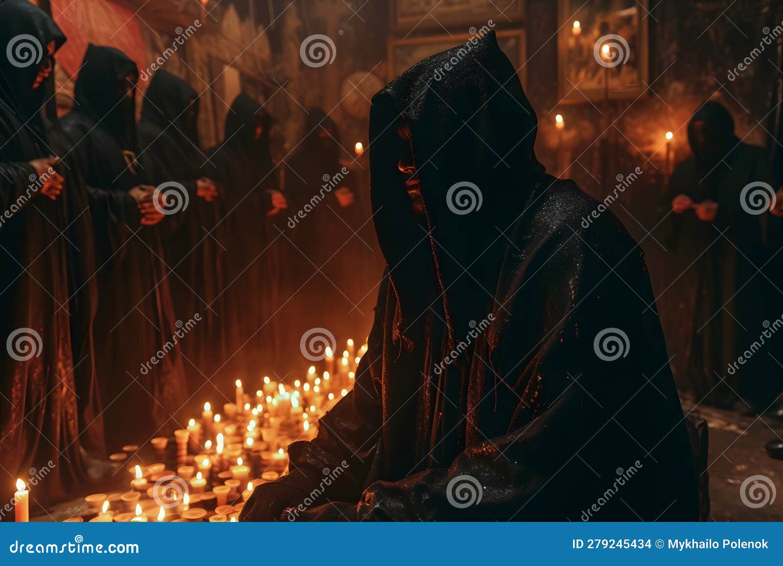 Ritual of Medieval Priests with Candles in the Temple. Neural Network ...