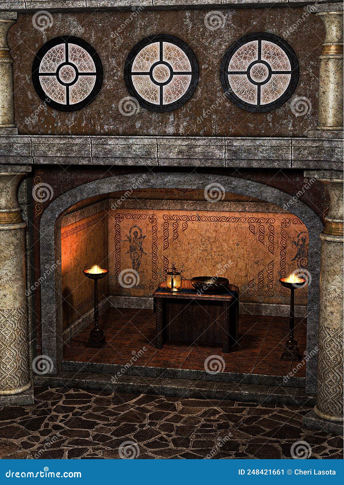 Ritual Room with Torchieres and Ritual Bowl, 3D Illustration, 3D ...