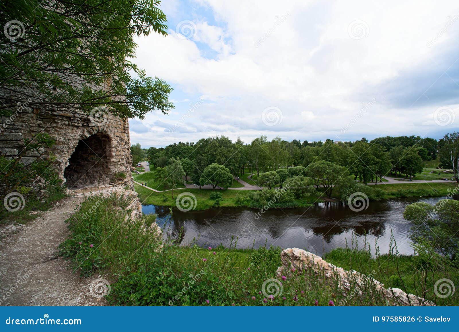 River and an Ancient Limestone Tower Stock Photo - Image of green ...