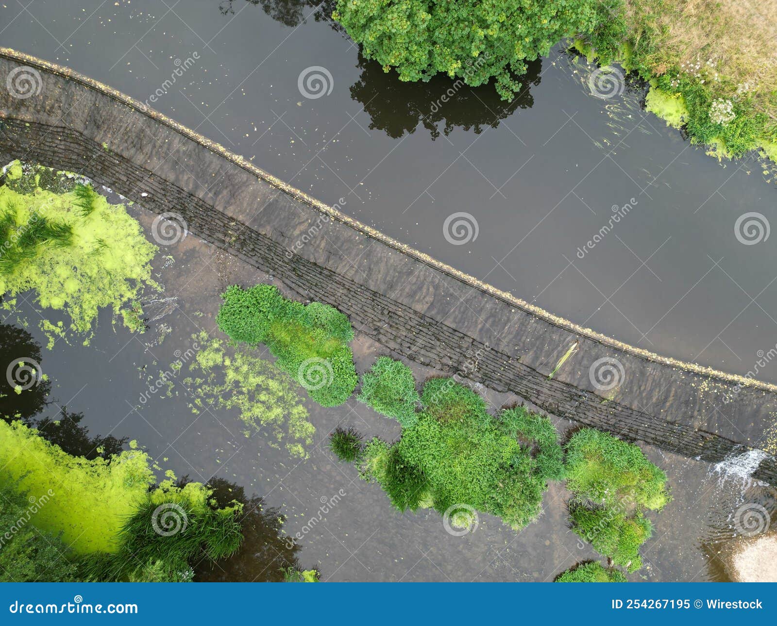 River with an Artificial Cascade with Green Trees and Field Around ...