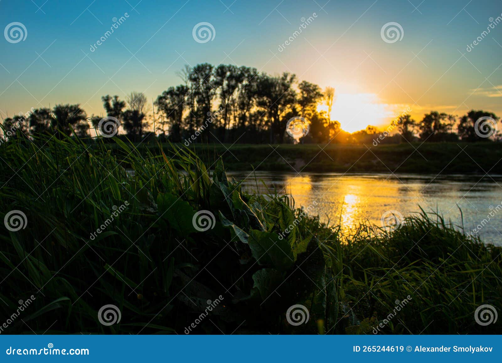 River bank at sunset stock image. Image of sunset, reflections - 265244619