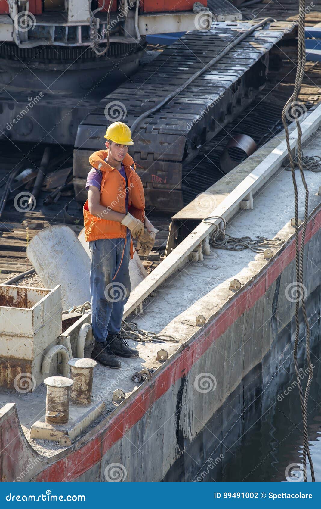 River Barge with Worker Posing Editorial Photography - Image of steel ...