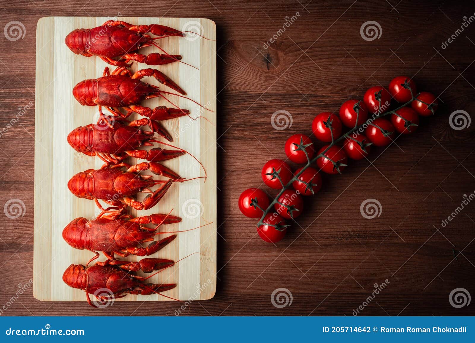 River Boiled Crayfish with Tomatoes on a Cutting Board Top View Stock ...