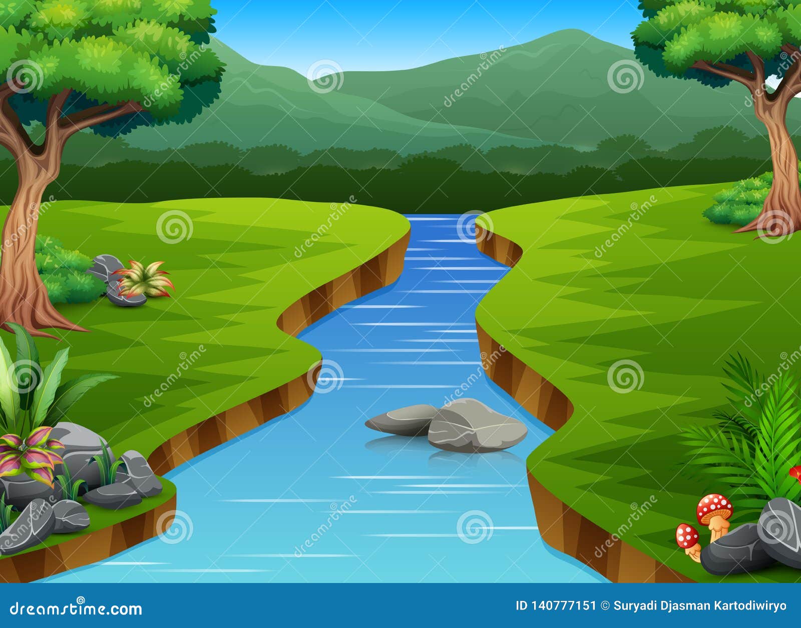River Cartoons in the Middle Beautiful Natural Scenery Stock Vector ...