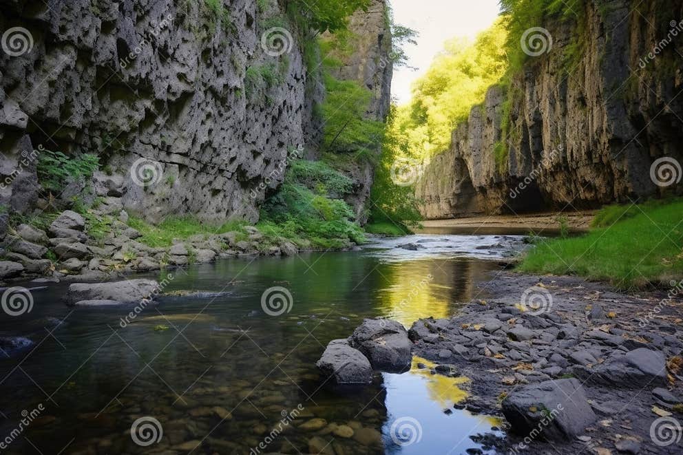 River Carving a Path at the Base of a Rocky Cliff Stock Photo - Image ...