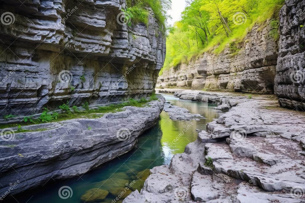 River Carving a Path at the Base of a Rocky Cliff Stock Image - Image ...