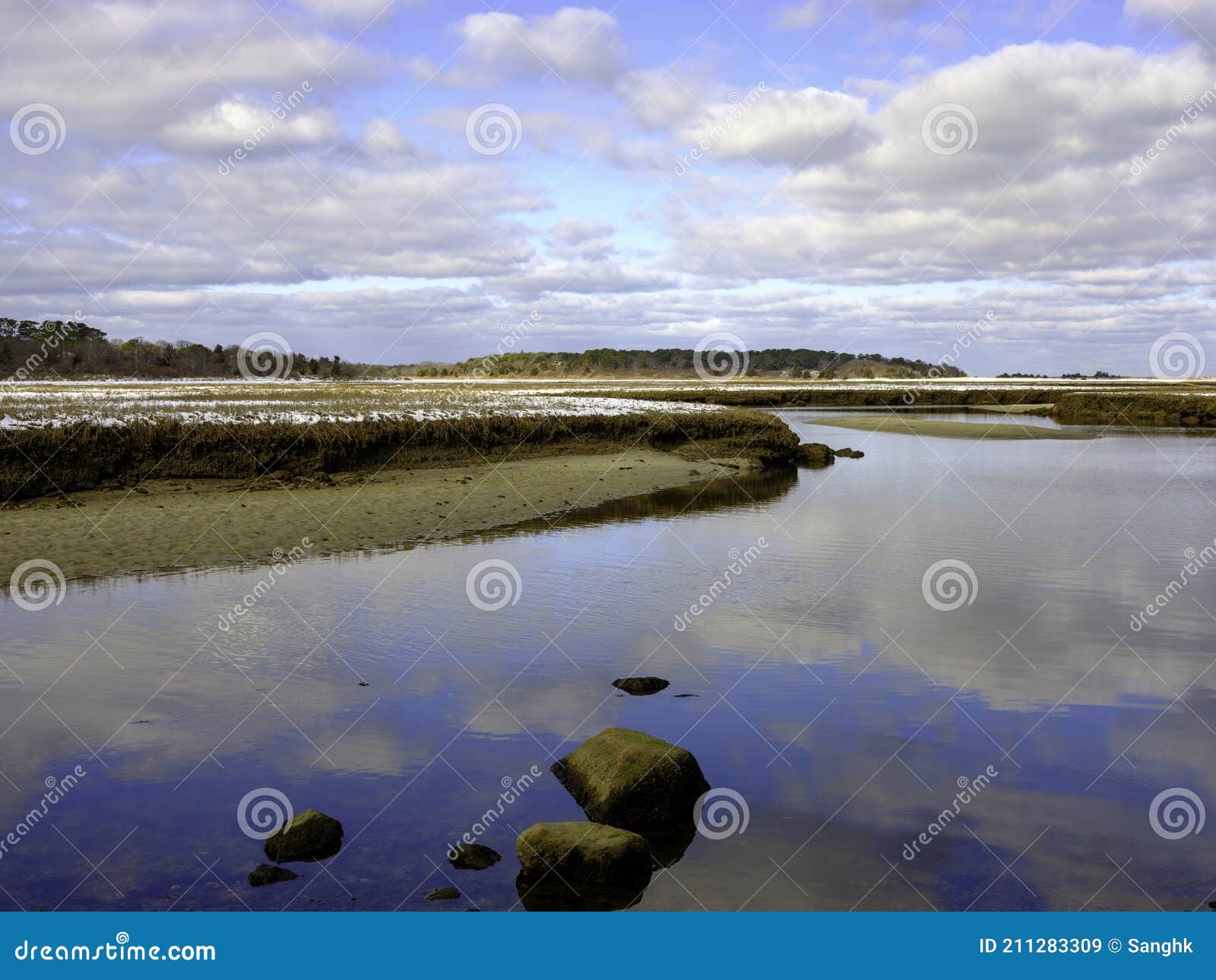 River and Cloud Landscape with Reflections in the Marsh on Cape Cod in ...