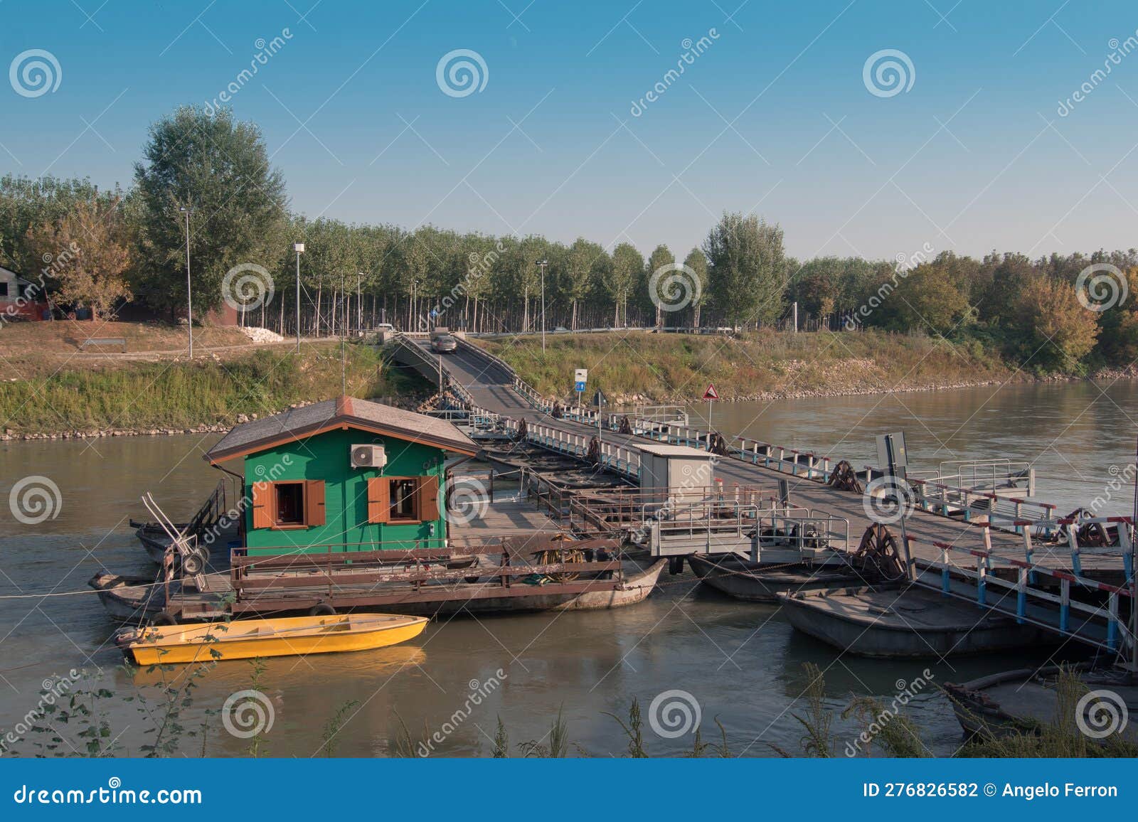 River Crossing with Barge Bridge- Stock Photo - Image of transportation ...