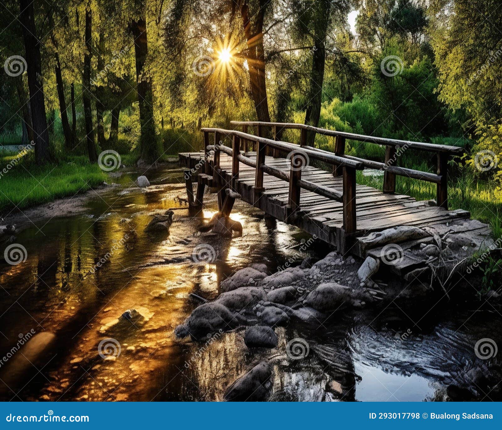 River Crossing Rustic Wooden Bridge Stock Illustration - Illustration ...