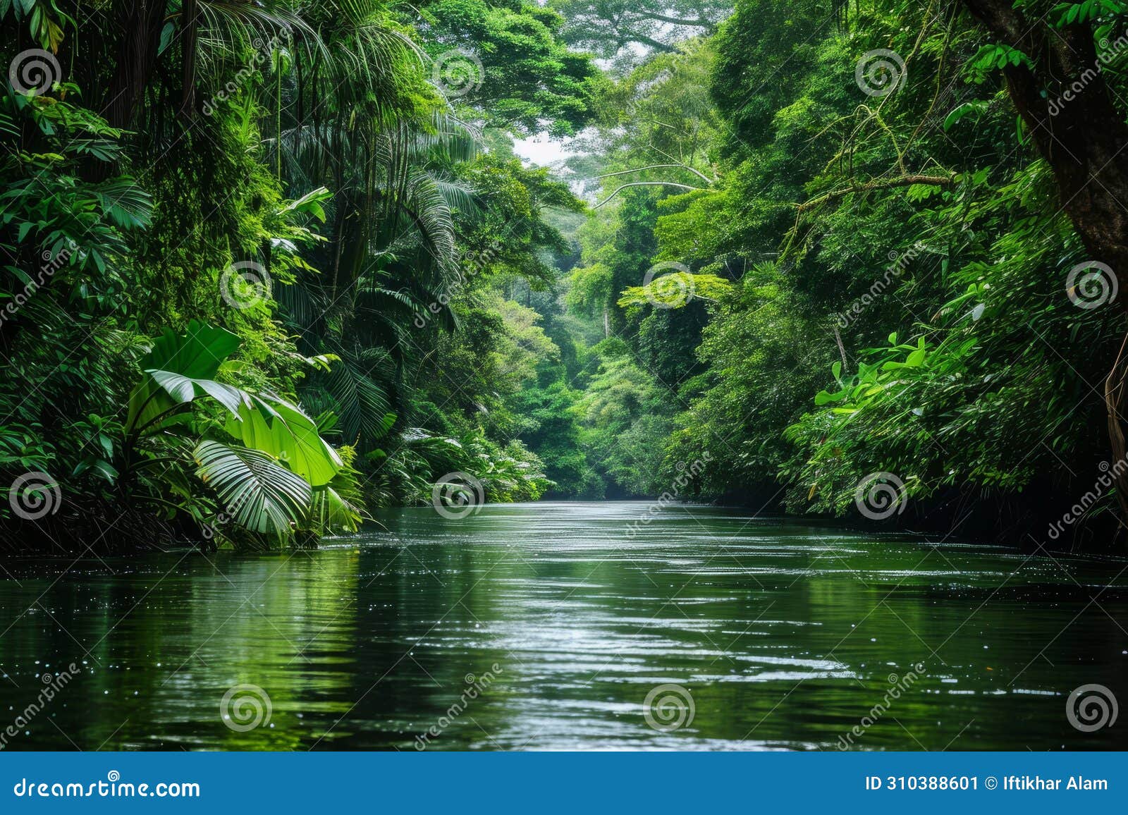 A River Cuts through the Dense Foliage of a Vibrant Green Forest, River ...