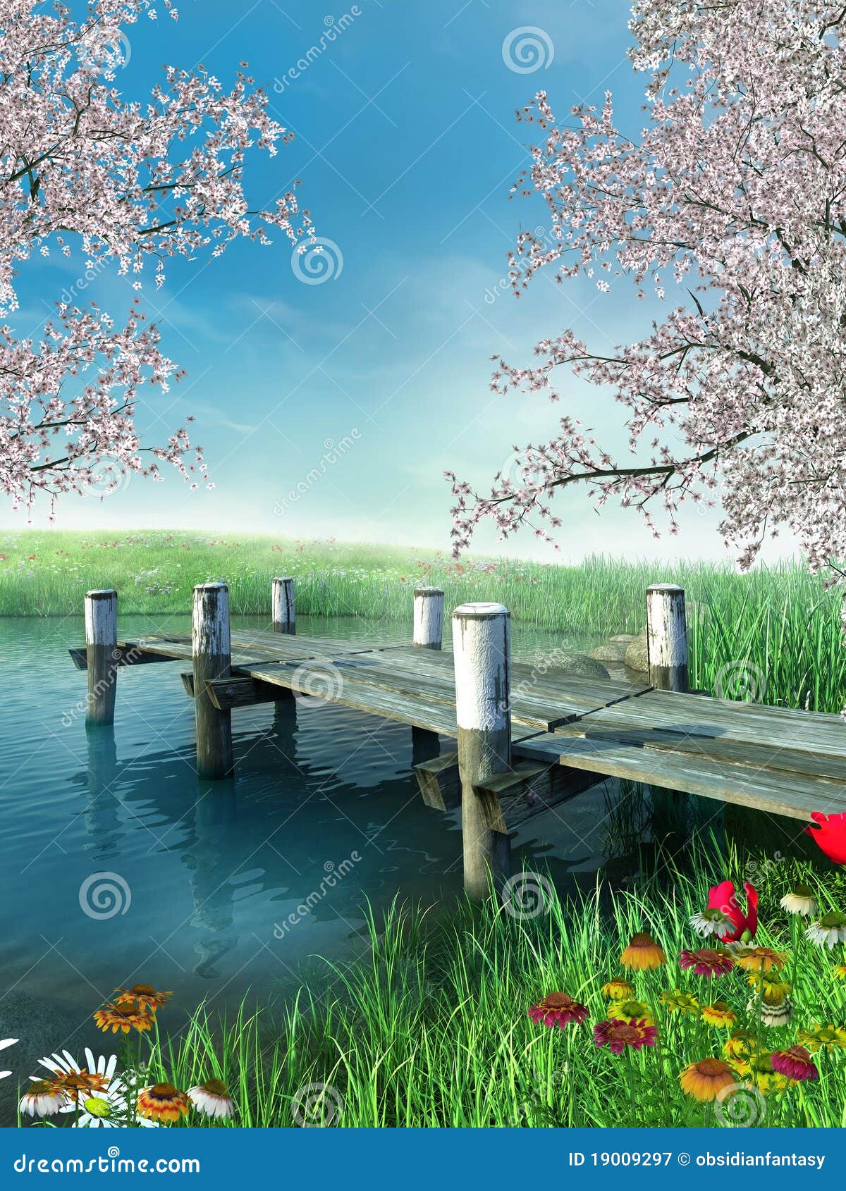 River with a dock stock illustration. Illustration of seasonal - 19009297