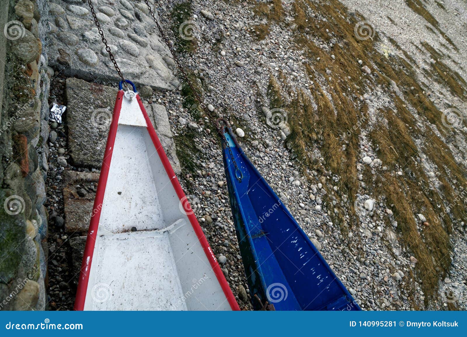River Drought, Red and Blue Boats without Water Due Global Warming ...