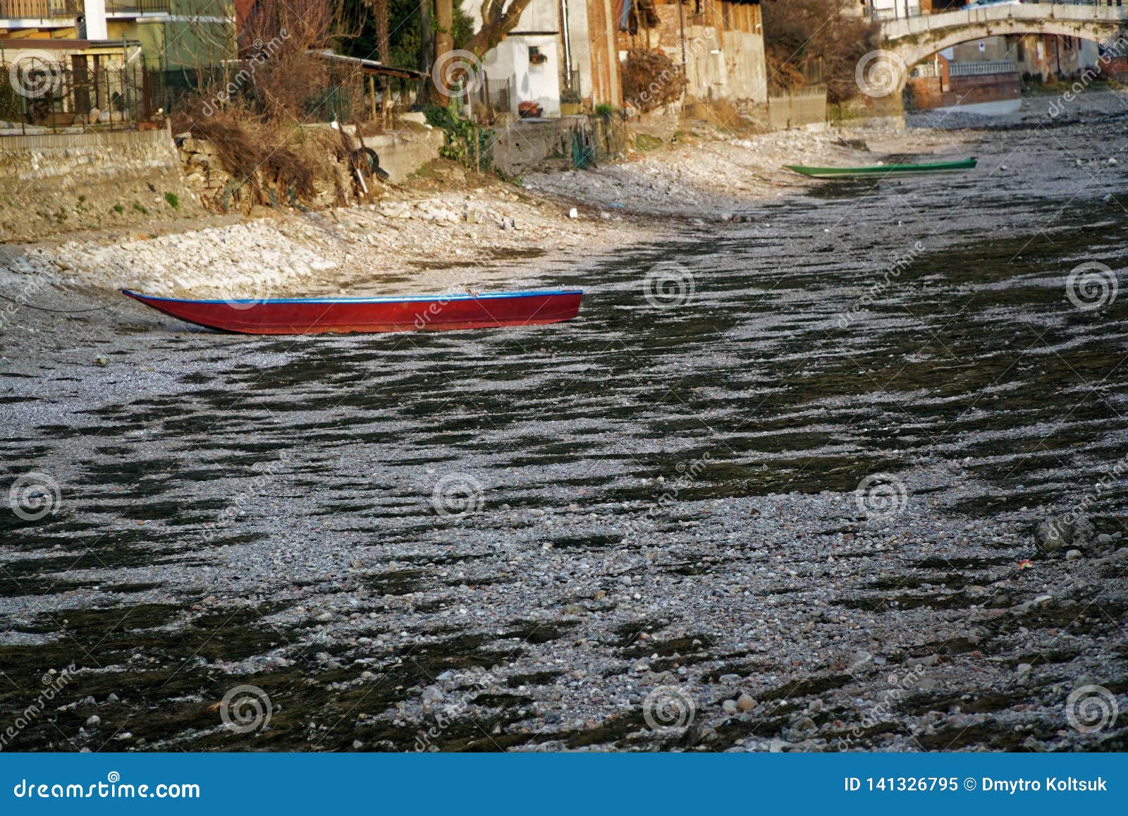 River Drought, Blue Boat Without Water Due Global Warming And Measuring ...