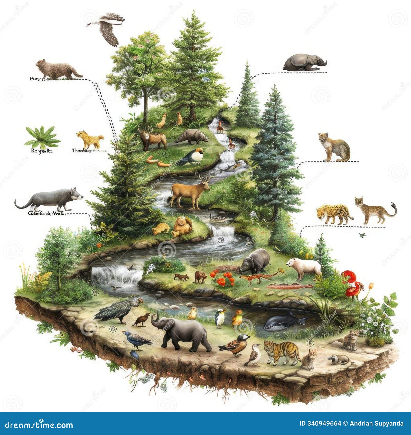 River Ecosystem, Diverse Wildlife and Flora Stock Illustration ...