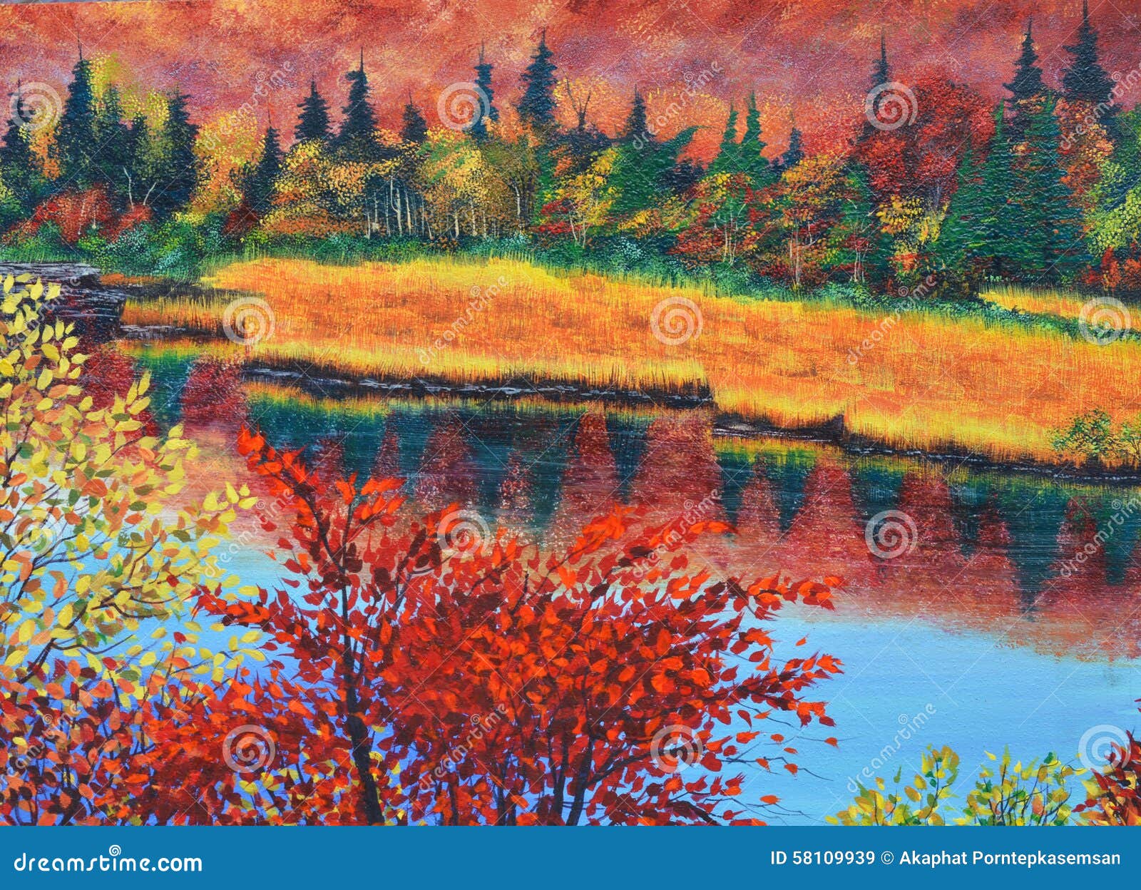 River in Fall Oil Painting on Canvas Stock Illustration - Illustration ...
