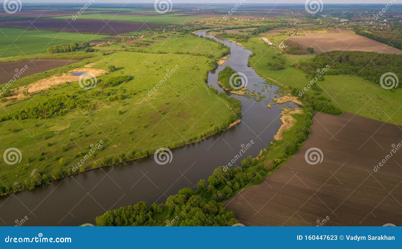 River and Fields Top View. Photographed from the Drone. Beautiful View ...