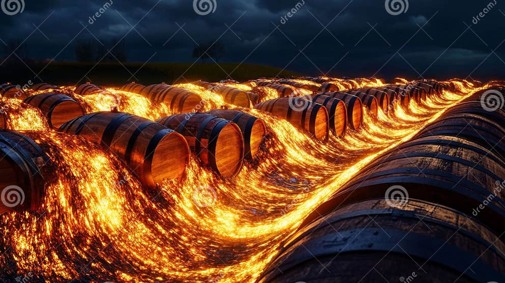 A River of Fire Flows through a Line of Wooden Barrels Stock ...