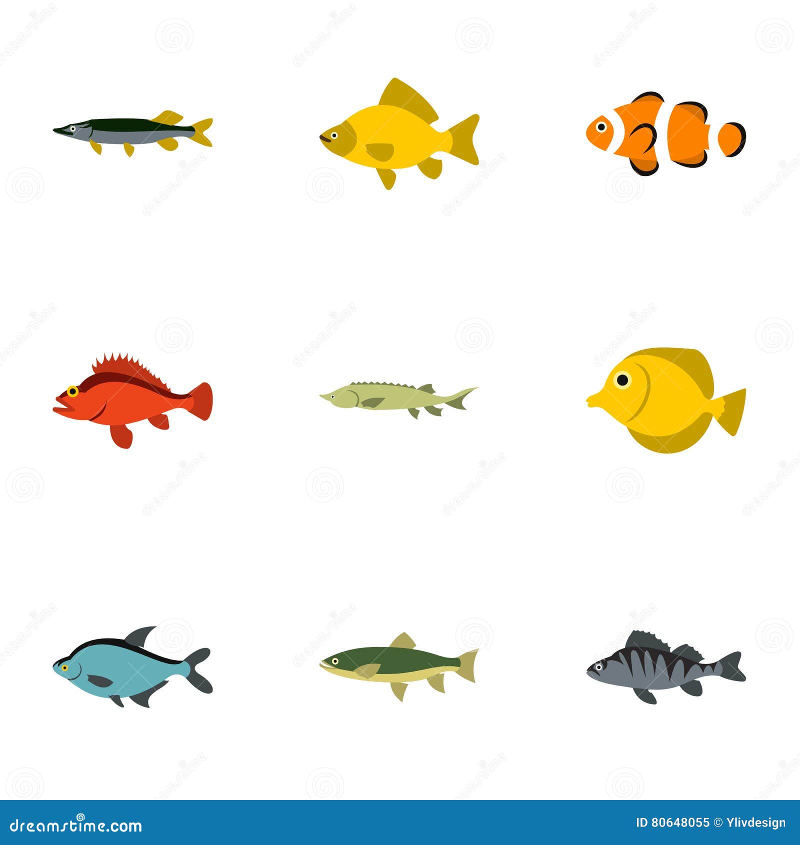 River Fish Icons Set, Flat Style Stock Vector - Illustration of fins ...