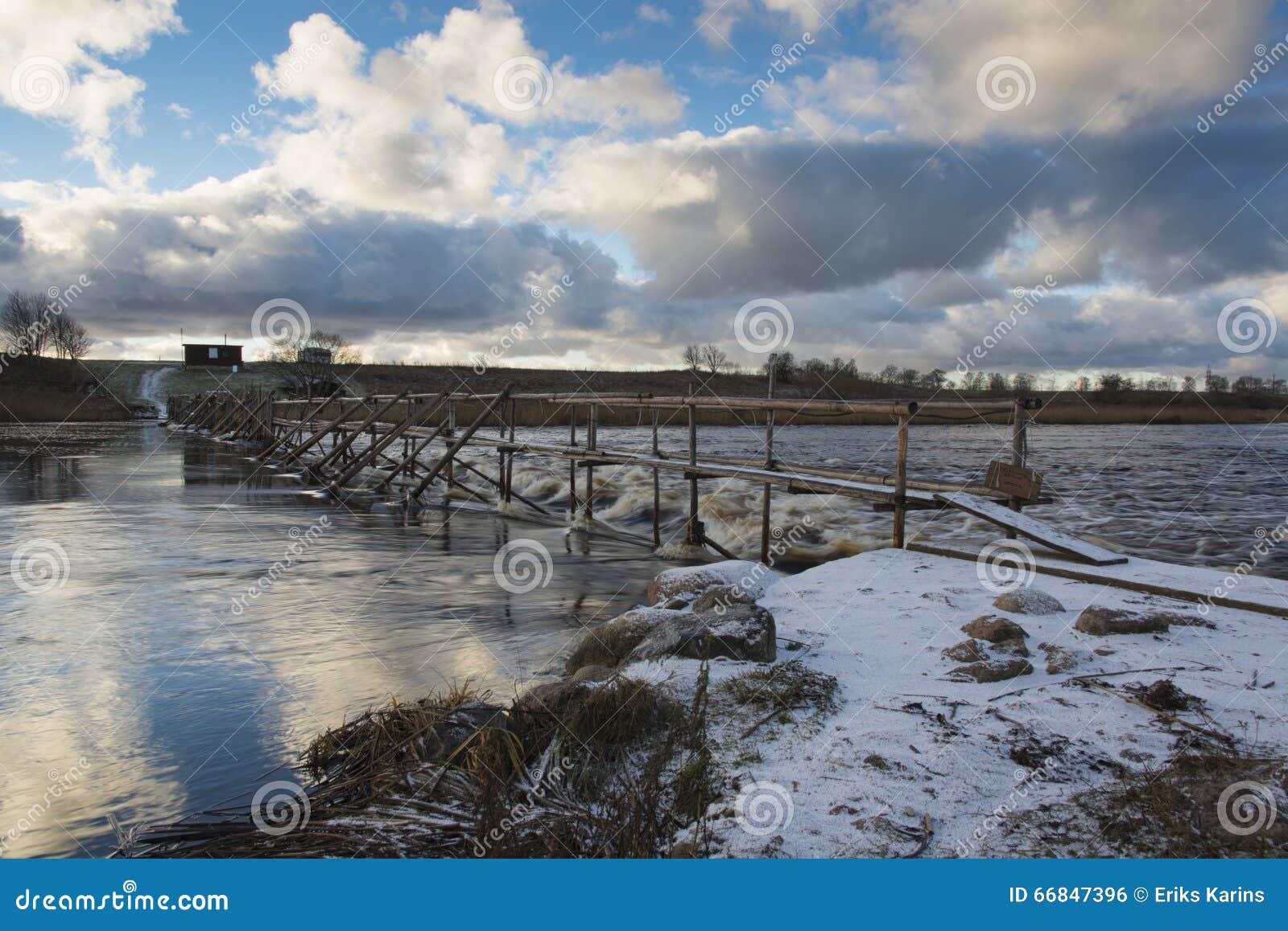 River with fish weir stock photo. Image of sunrise, clouds - 66847396
