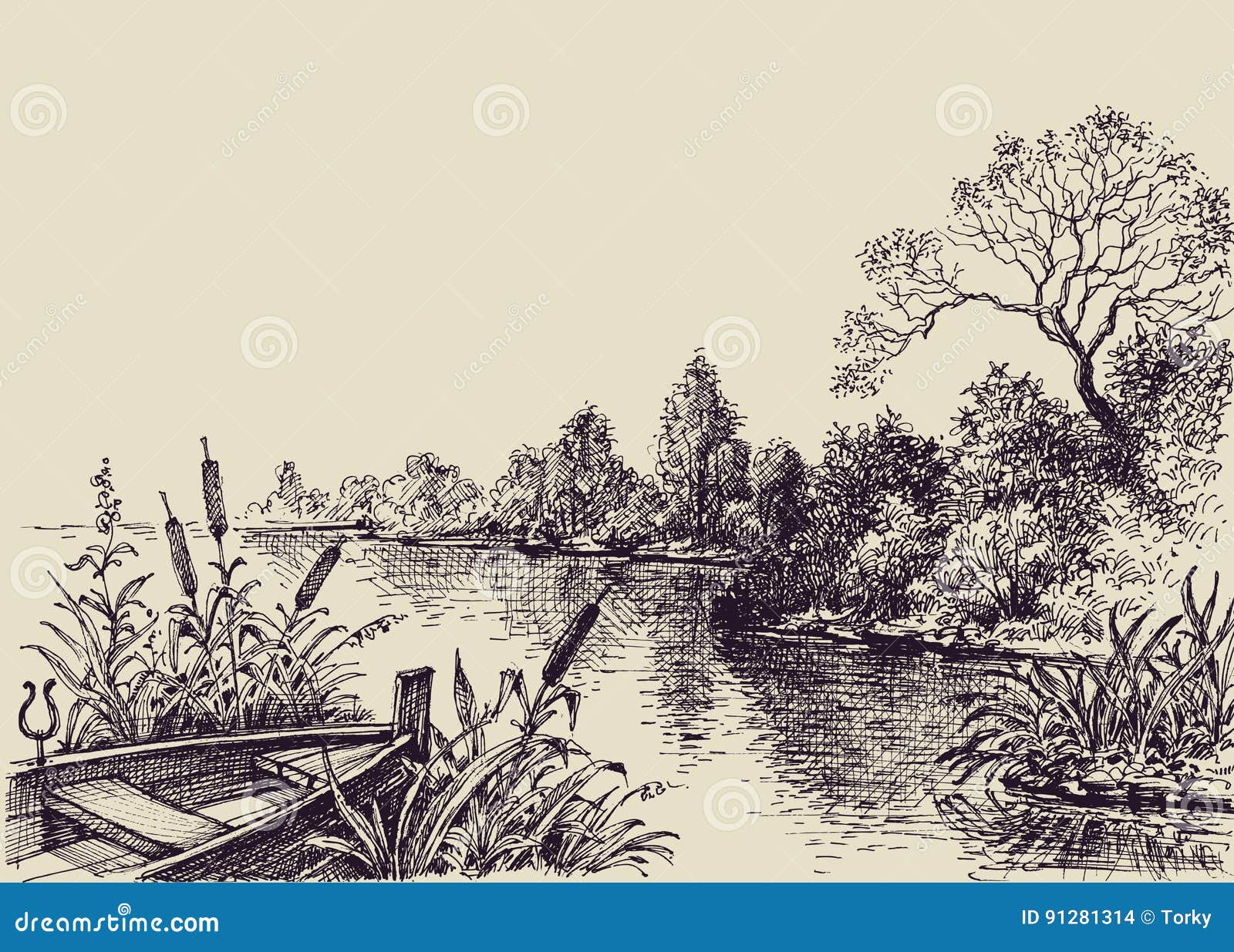 River flow scene stock vector. Illustration of meadow - 91281314