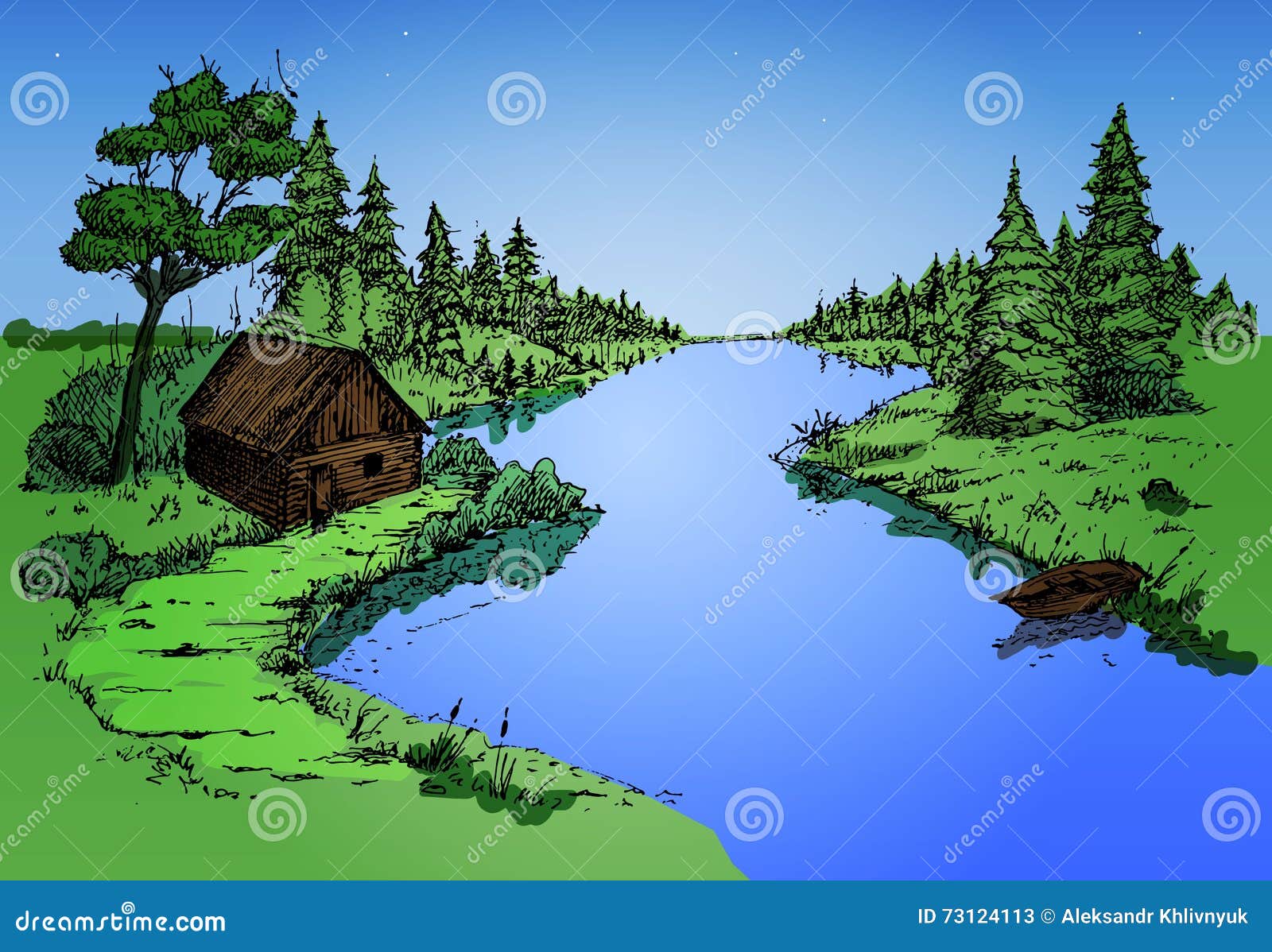 River Flowing Across Beautiful Forest Stock Illustration - Illustration ...