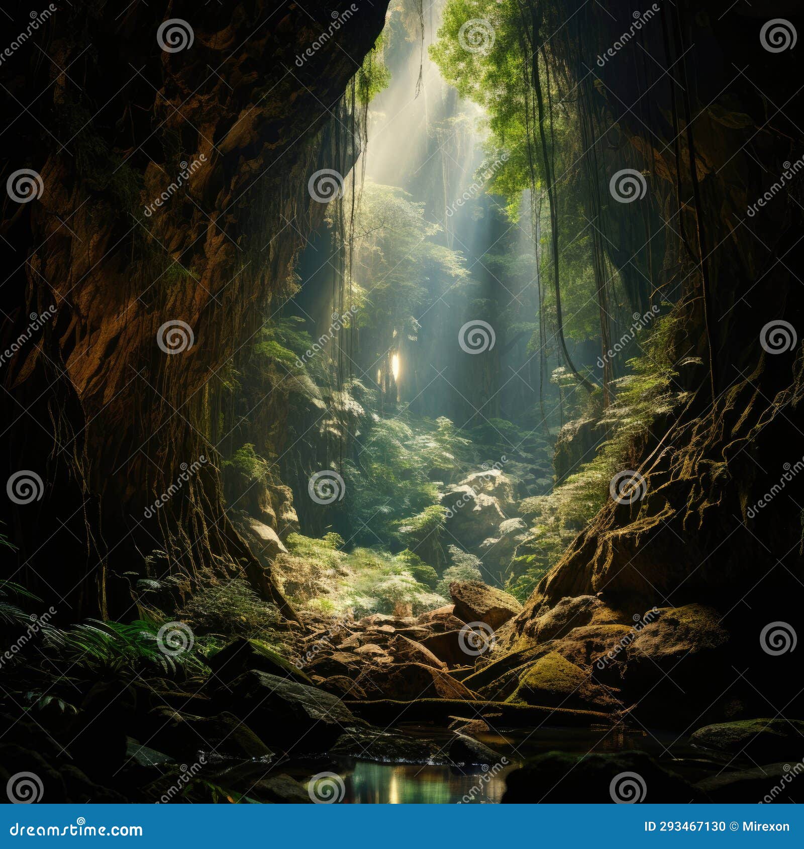 River Flowing Calmly Inside a Cave with an Opening through Which Light ...