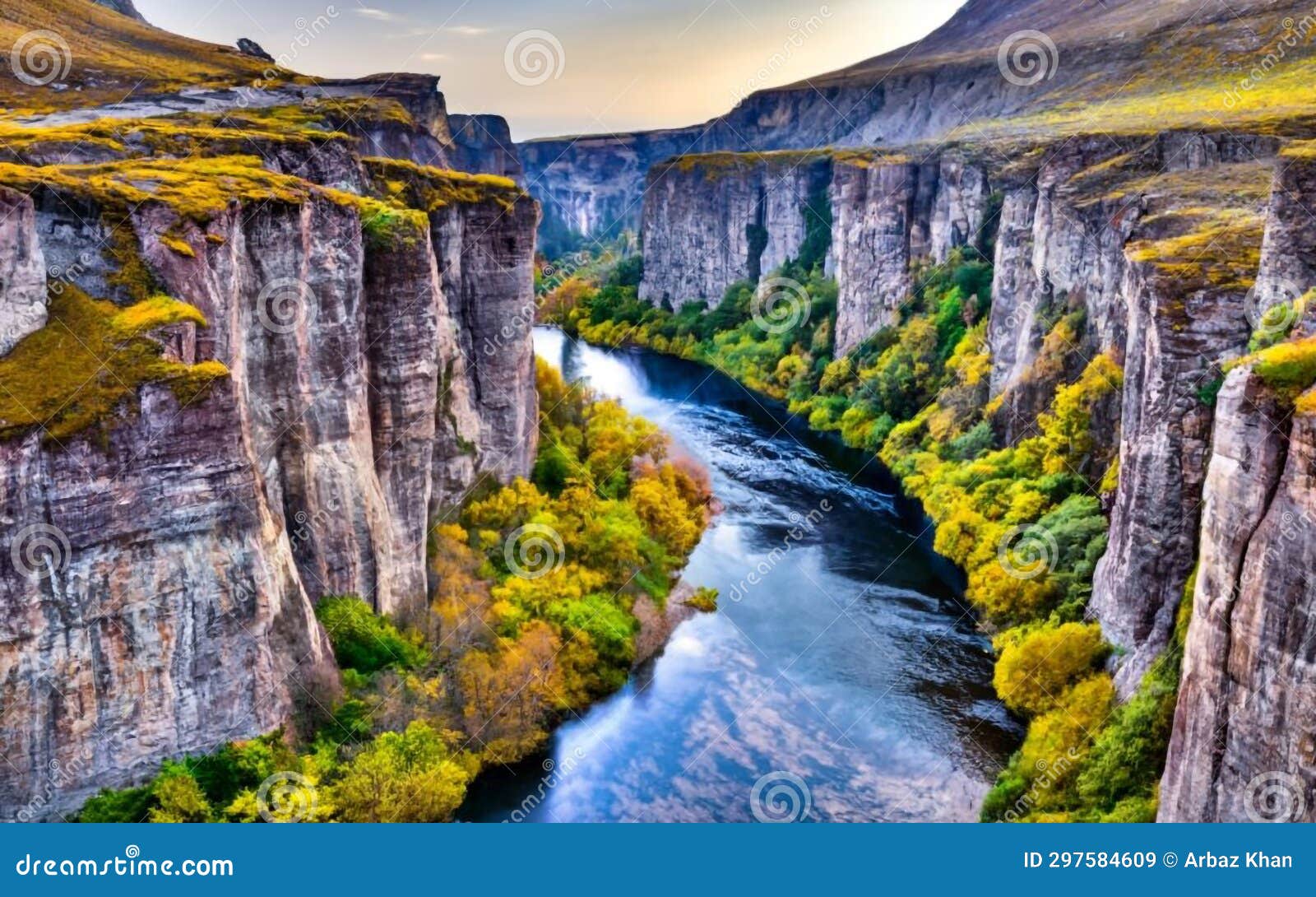 A River Flowing through a Canyon with Steep Cliffs on Both Sides. Stock ...