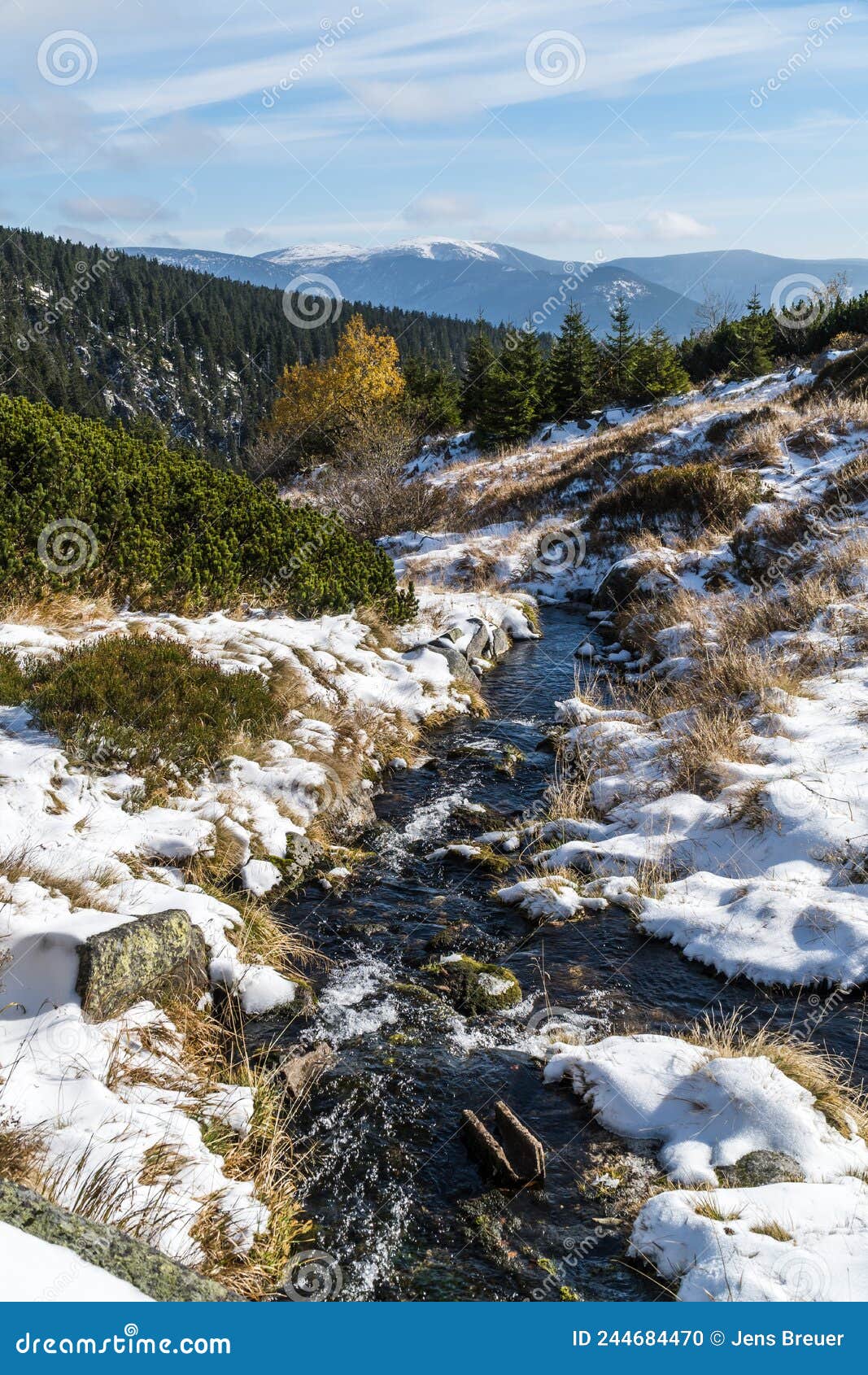 River Flowing Down a Valley on a Sunny Winter Day with Snow Mountain in ...