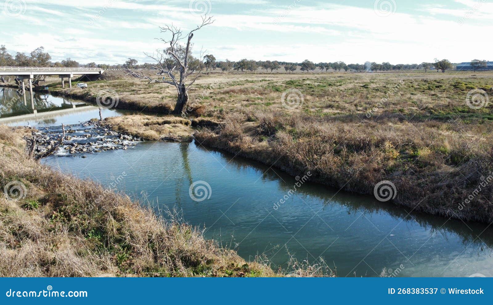 River Flowing between Fields with a Background of Trees Stock Image ...
