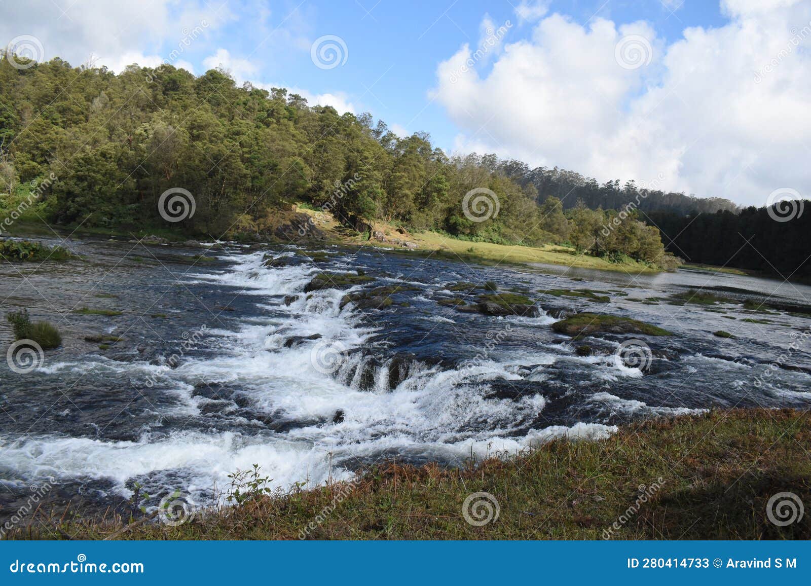 River Flowing with Green Hills and Blue Sky Stock Image - Image of wood ...