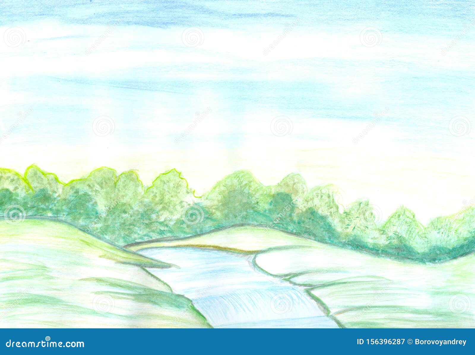 River Flowing through Meadows Stock Illustration - Illustration of ...