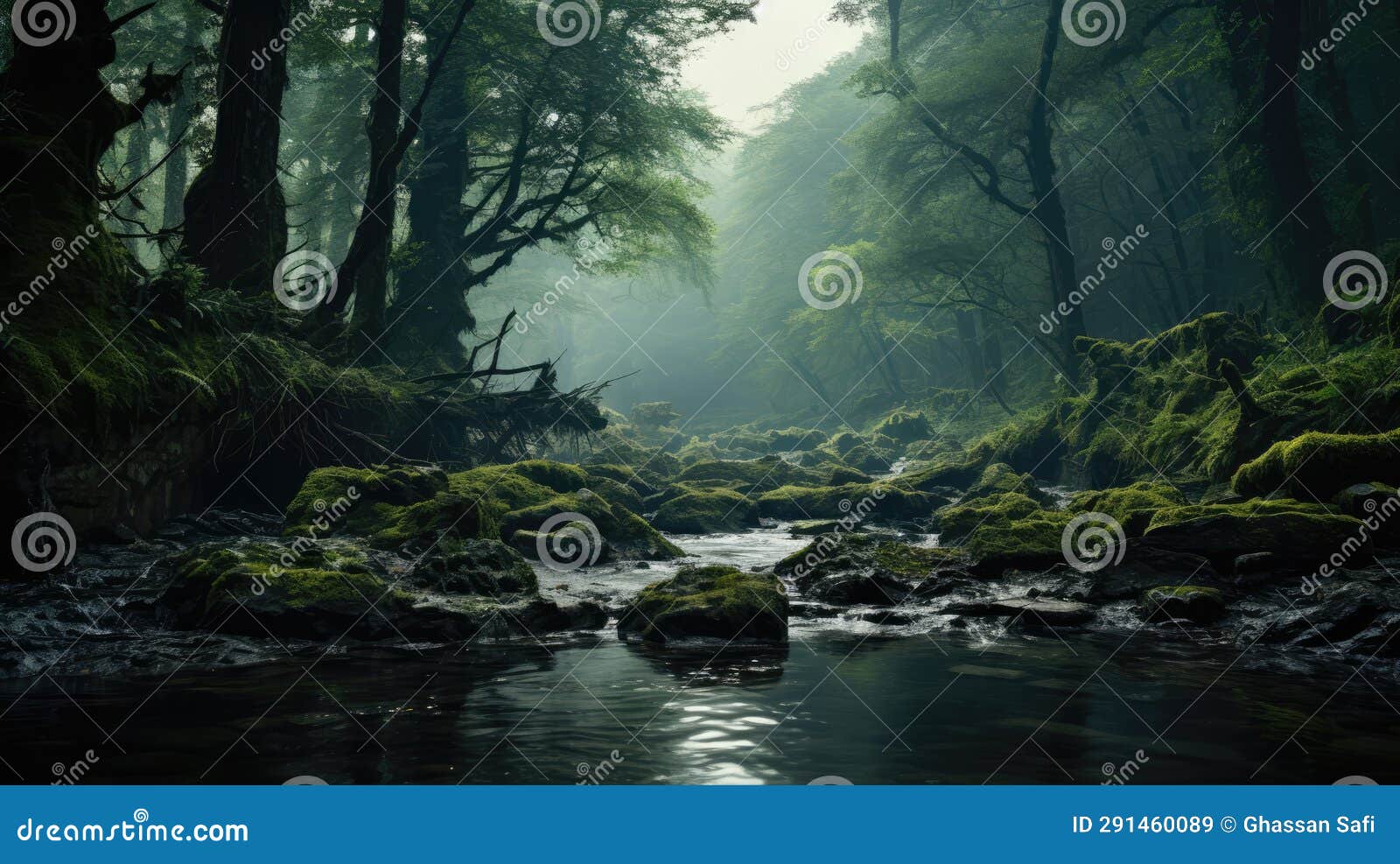 A River Flowing through a Mossy Damp Forest Stock Illustration ...