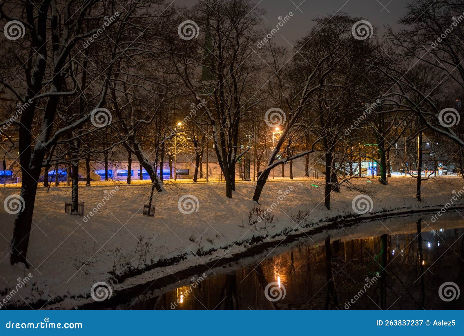A River Flowing through a Park in the Winter at Night Stock Image ...