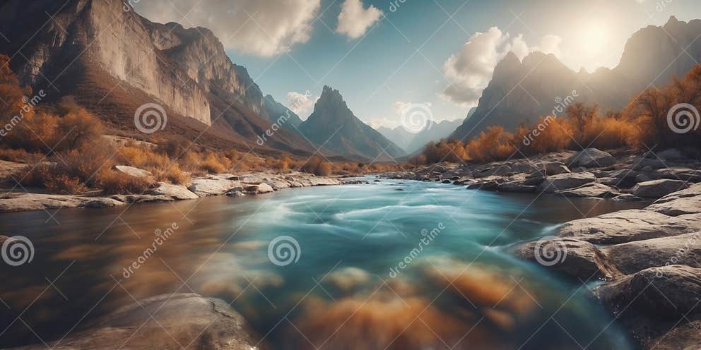A River Flowing Upside Down in a Surreal Landscape with Floating ...